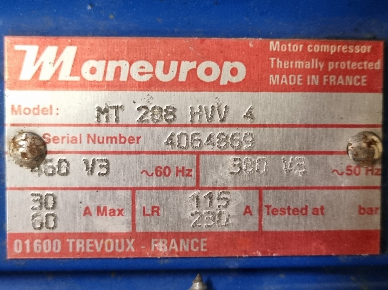 Used Manuerop MT 288 HVV 4 Hermetic piston compressor Freon | HOS BV